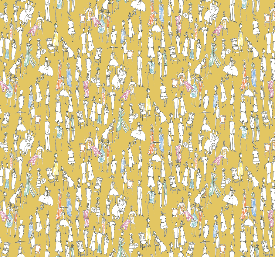 Fabric with People, Doodle People fabric, Mustard Fabric, Fa | Inspire ...
