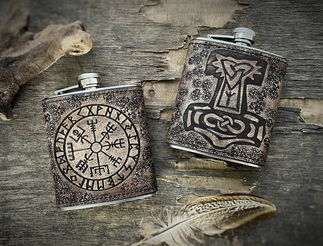 Viking Vegvisir Flask for men Full Grain Leather Embossed En | Inspire ...