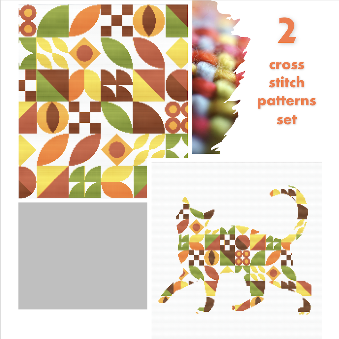 2 cross stitch patterns set Cats with boho Autumn pattern1 | Inspire Uplift