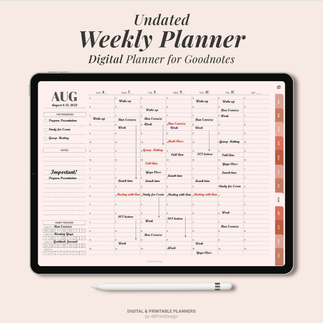 Undated Digital Weekly planner for Goodnotes, Weekly planner | Inspire ...