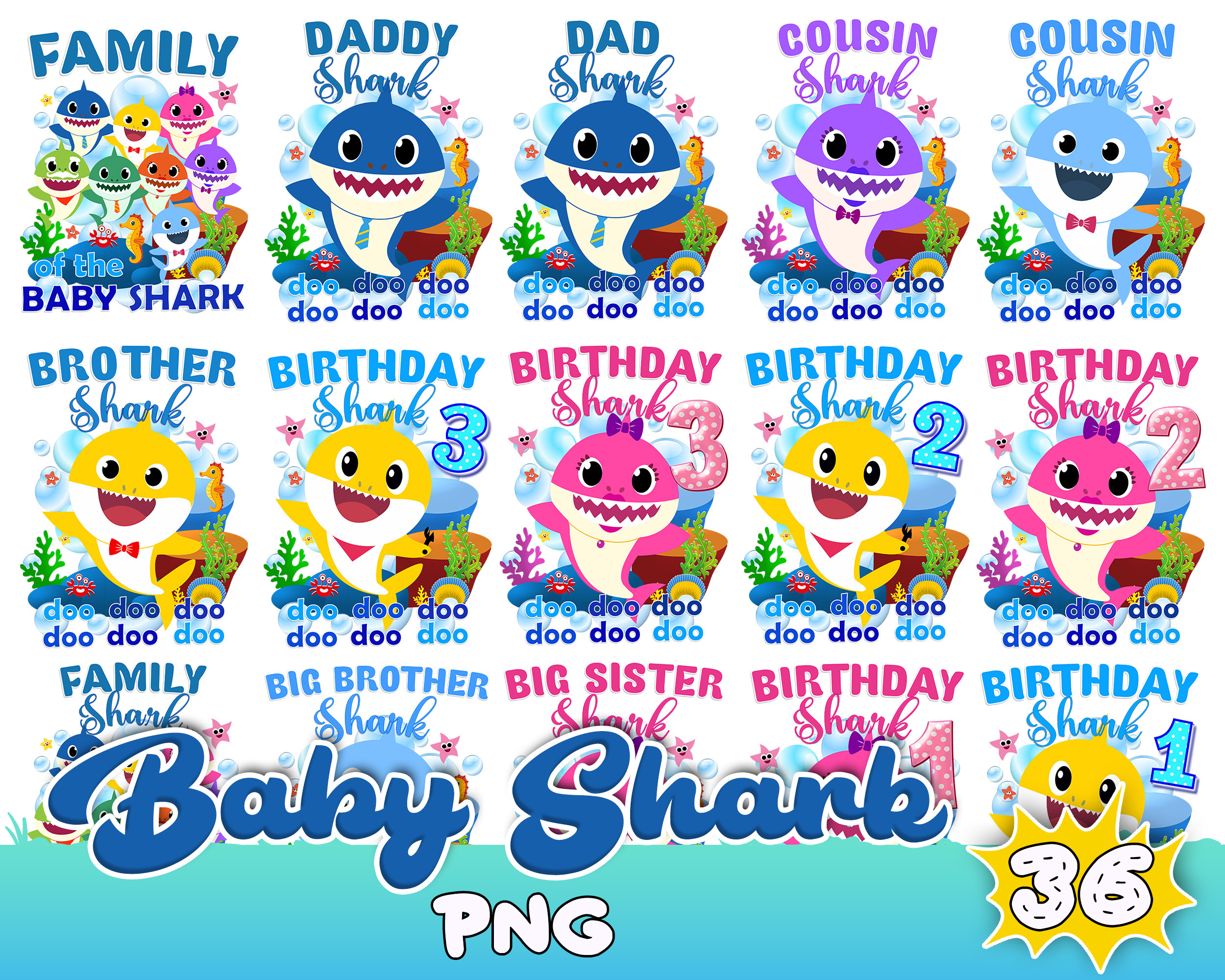 Baby Shark Birthday png, Shark Decor Digital Clipart Bundle - Inspire ...