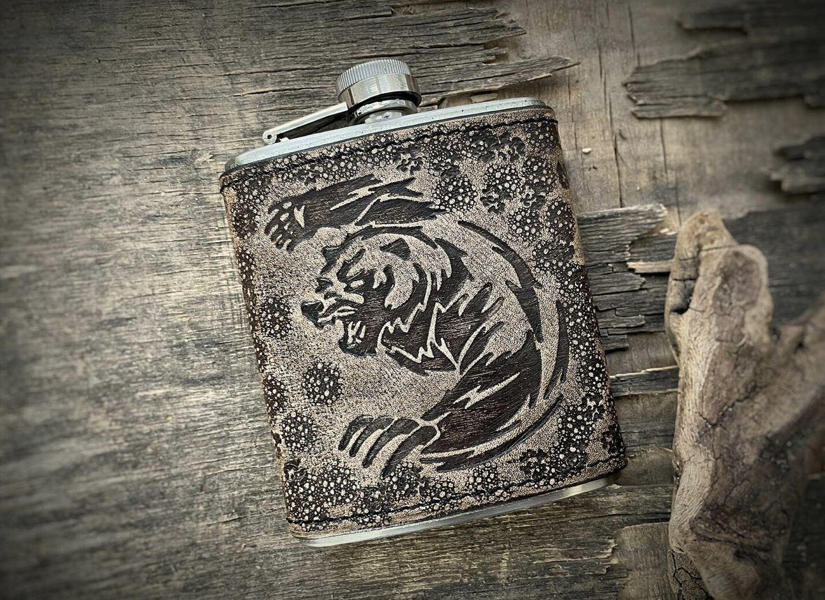 Bear Viking Flask for men Full Grain Leather Embossed Engrav - Inspire ...