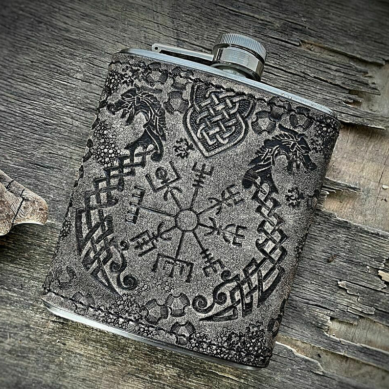 Viking Vegvisir Flask for men Full Grain Leather Embossed En - Inspire ...