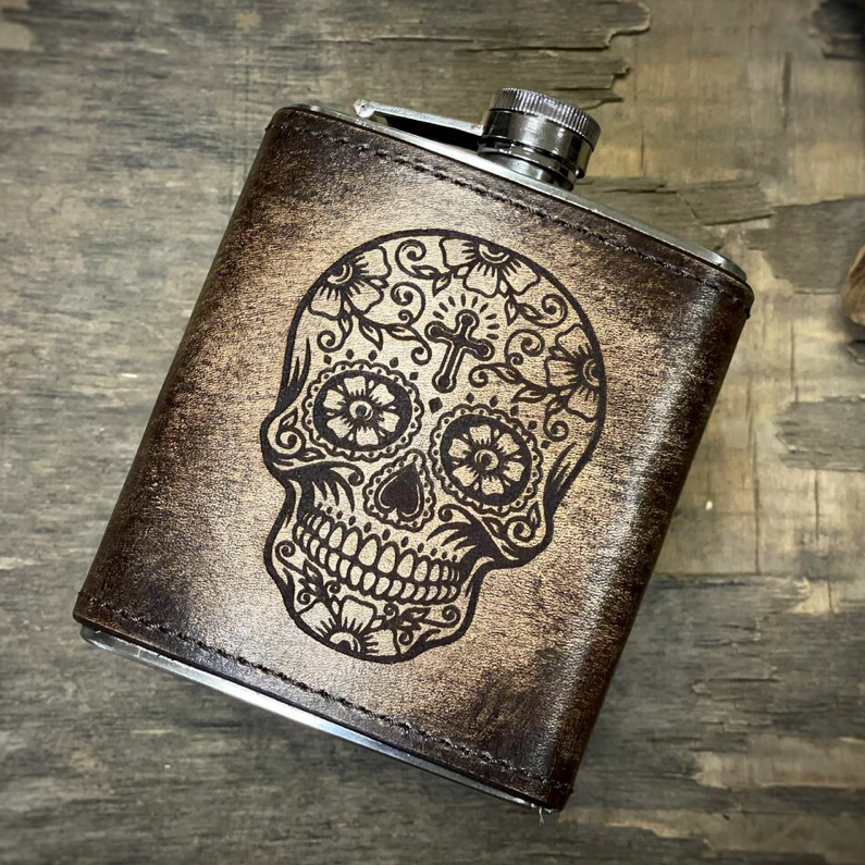 Sugar Skull Flask for men Full Grain Leather Embossed Engrav - Inspire ...