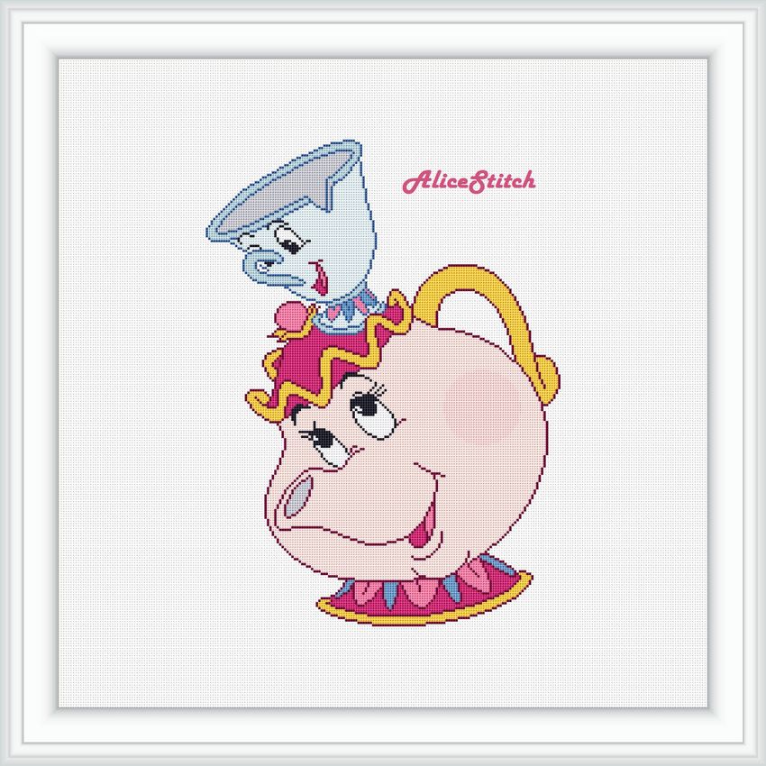 Cross stitch pattern Beauty and the Beast Mrs Potts and Chip | Inspire ...