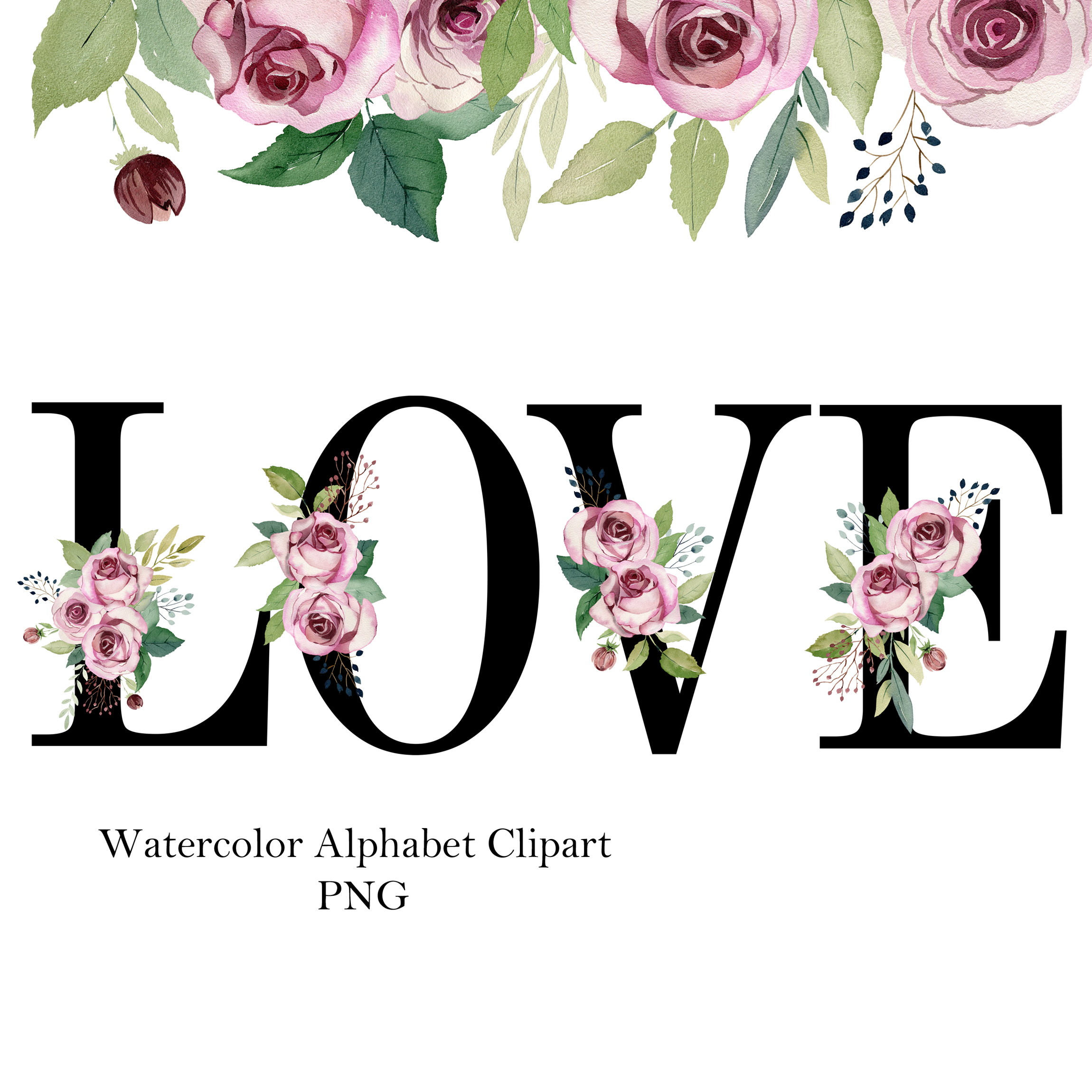 Watercolor Roses Alphabet, black floral letters, png. | Inspire Uplift