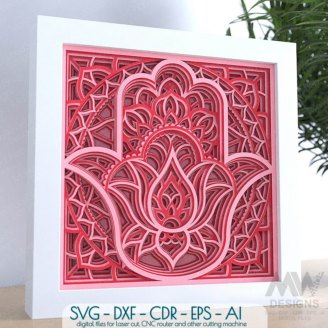 Layered Hamsa Mandala, Shadow Box Mandala SVG DXF - M141 | Inspire Uplift