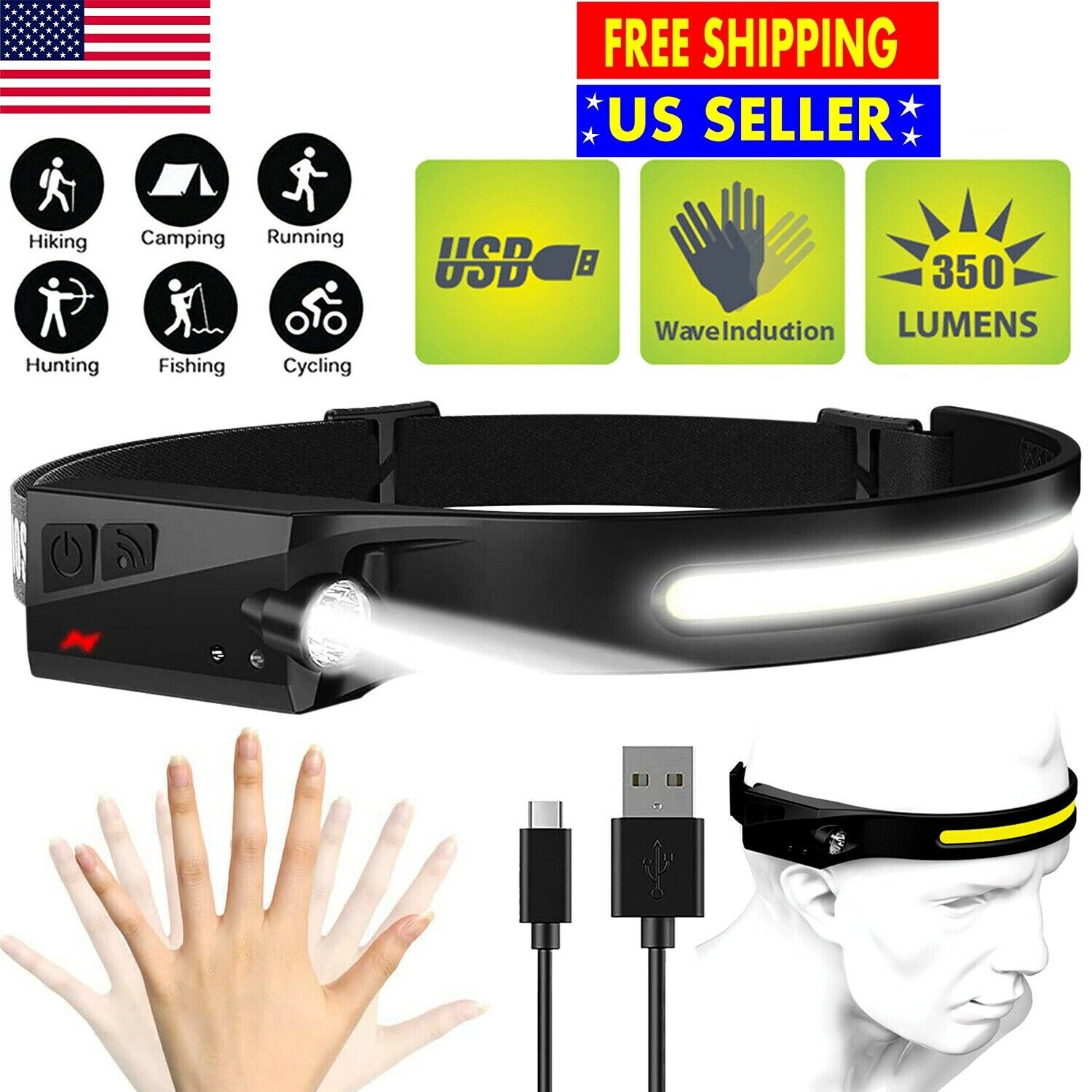 Headlamp USB Charging Headlight Torch Work Light Bar Head Ba - Inspire ...