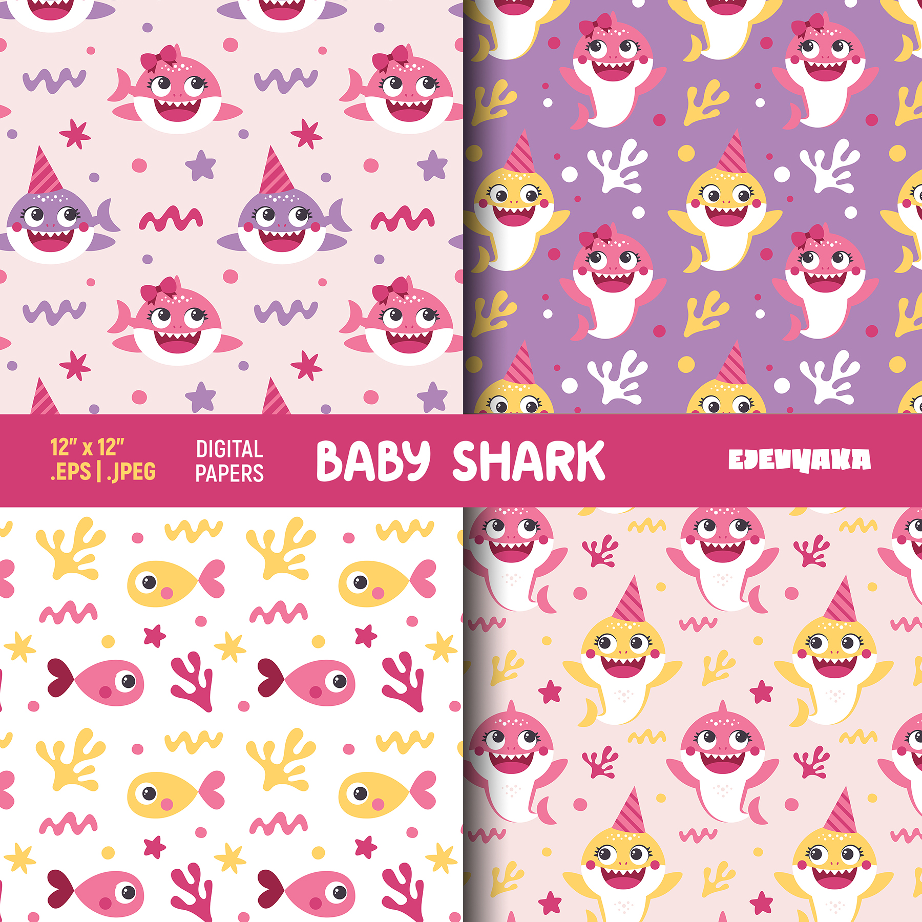 Baby Shark Digital Paper, Baby Shark Seamless Patterns, Baby | Inspire ...