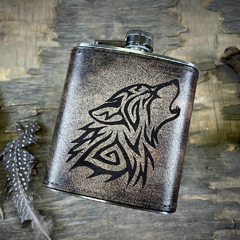 Wolf Viking Flask for men Full Grain Leather Embossed Engrav - Inspire ...