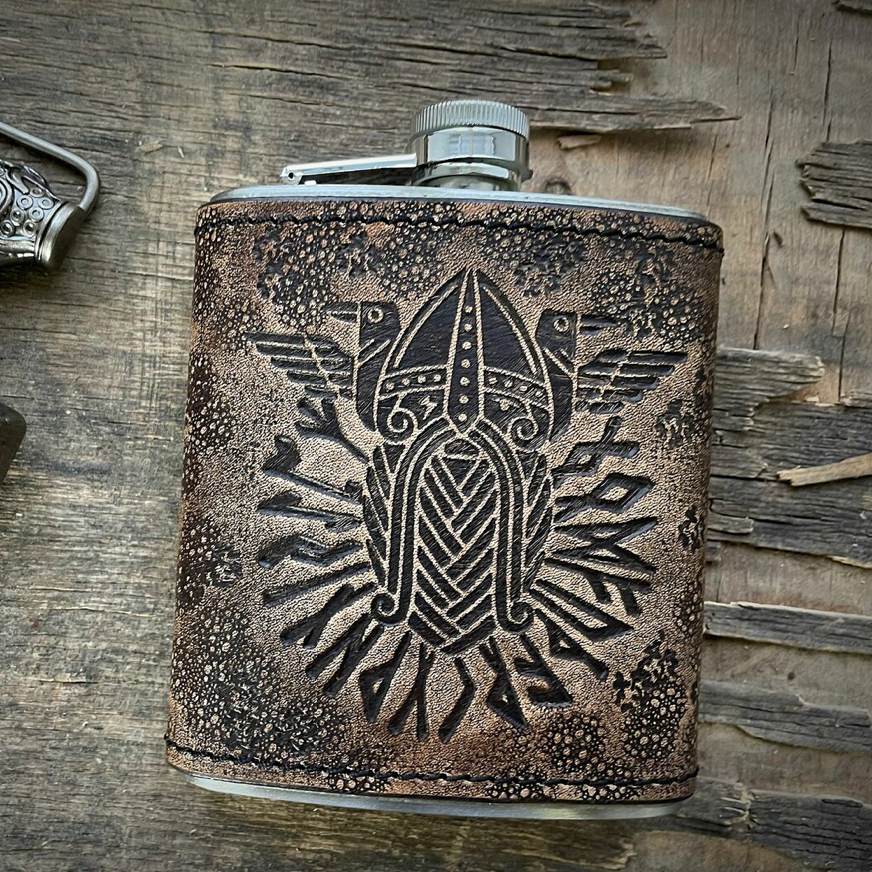 Viking Vegvisir Flask for men Full Grain Leather Embossed En - Inspire ...
