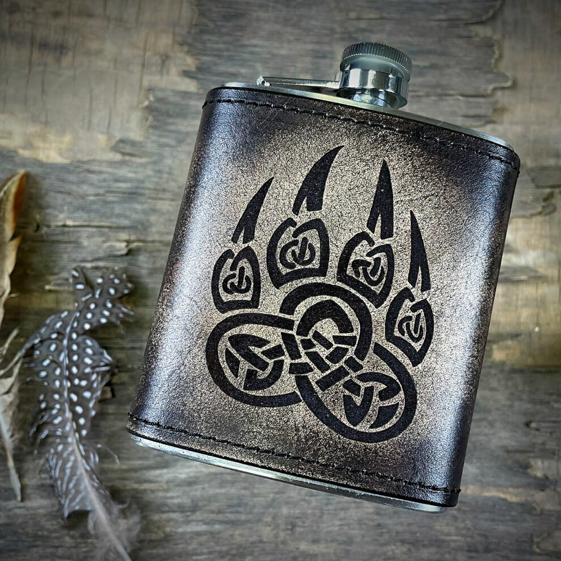 Wolf Viking Flask for men Full Grain Leather Embossed Engrav - Inspire ...
