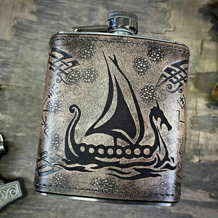 Drakkar Viking Warrior Flask for men Full Grain Leather Embo - Inspire ...