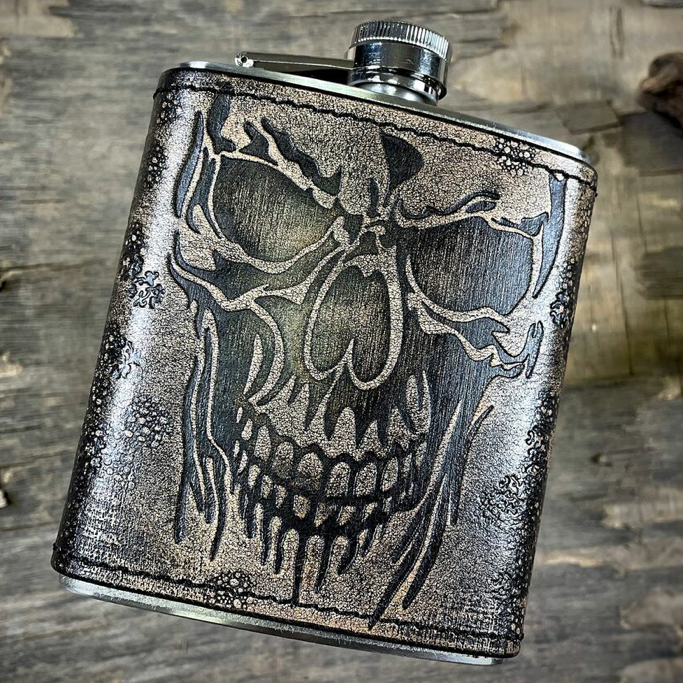 Viking Warrior Skull Flask for men Full Grain Leather Emboss - Inspire ...
