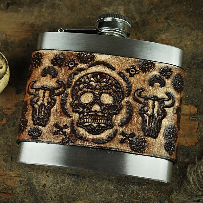 Bison Skull Flask for men Full Grain Leather Embossed Engrav | Inspire ...