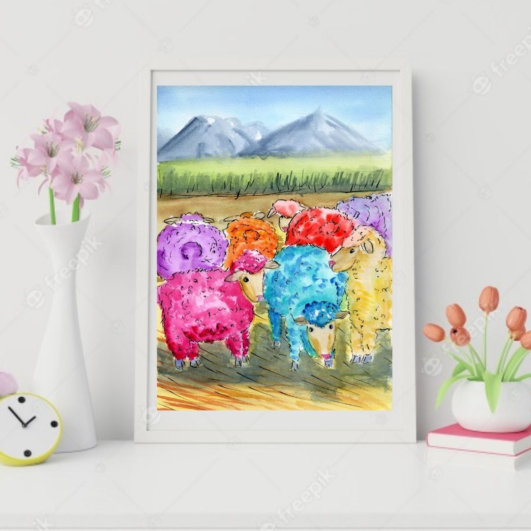 Watercolor painting 12*8" rainbow sheep farm sketch art by Y | Inspire ...