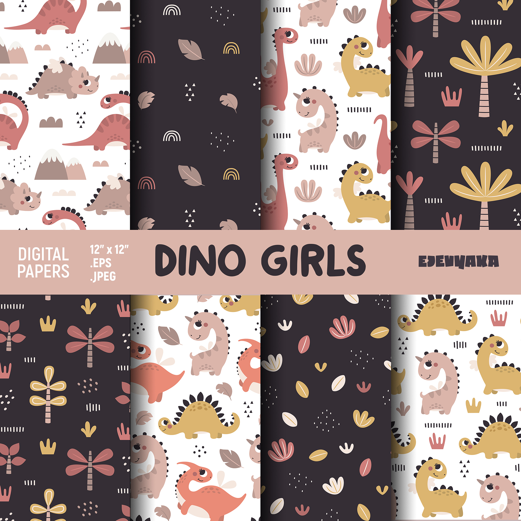 Dinosaur Seamless Patterns, Dino Girl Digital Paper | Inspire Uplift