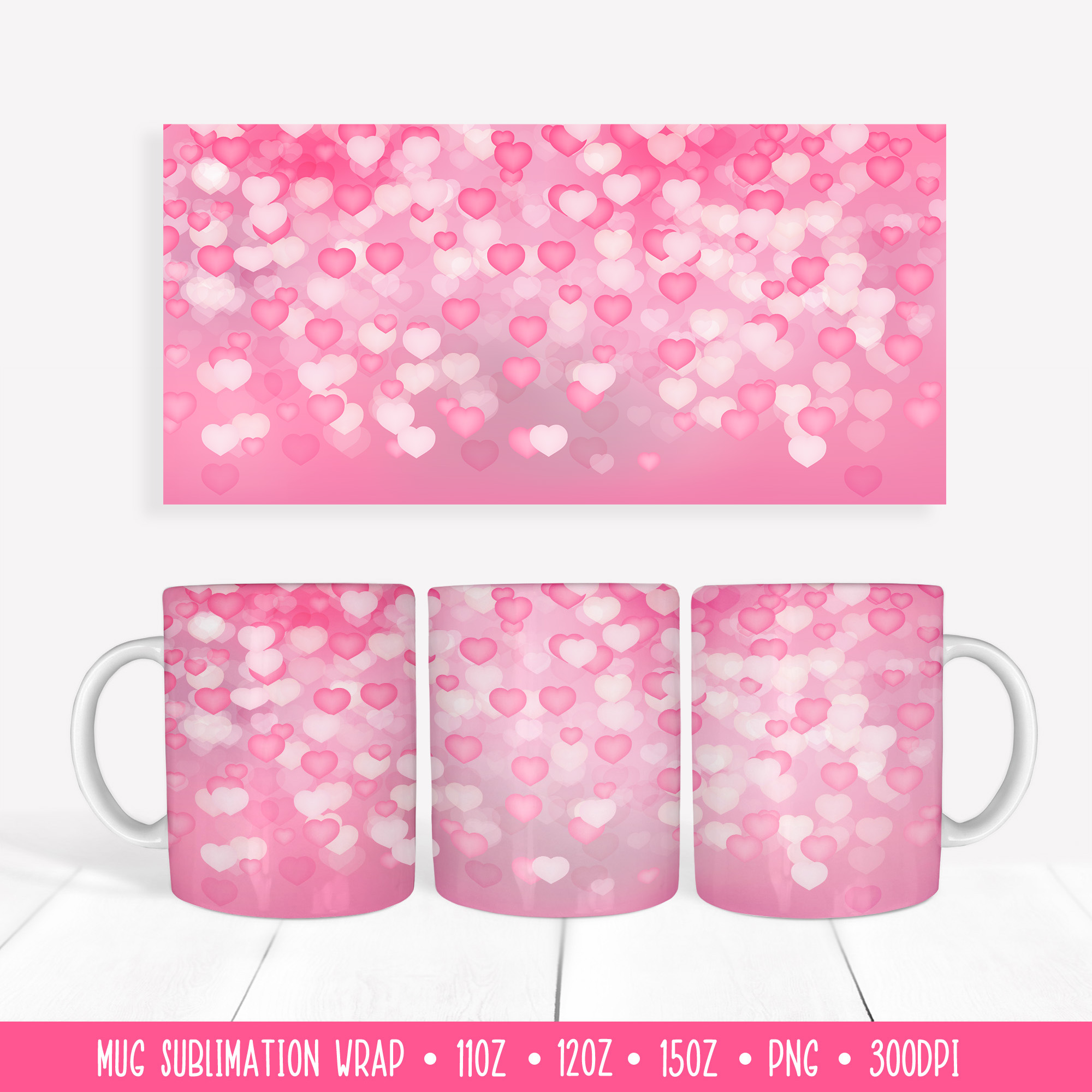 Pink Hearts Mug Sublimation Design Full Wrap | Inspire Uplift
