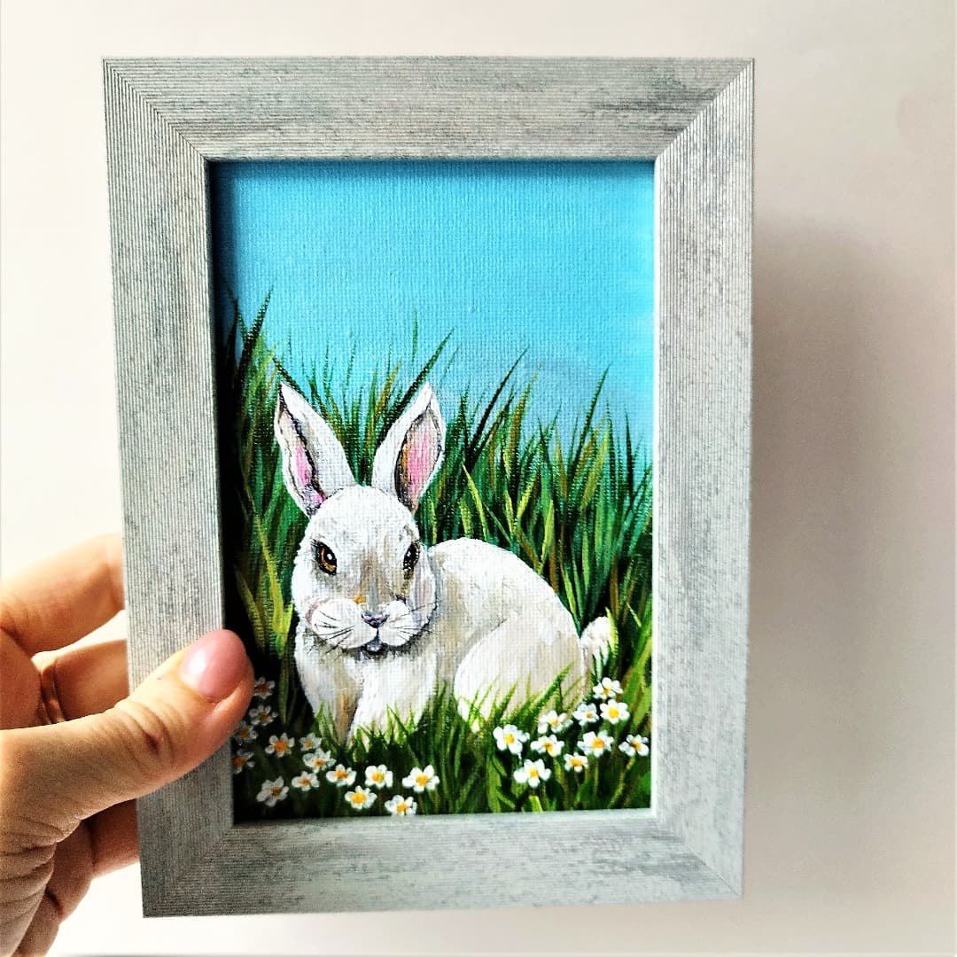 White rabbit painting impasto small wall art | Inspire Uplift