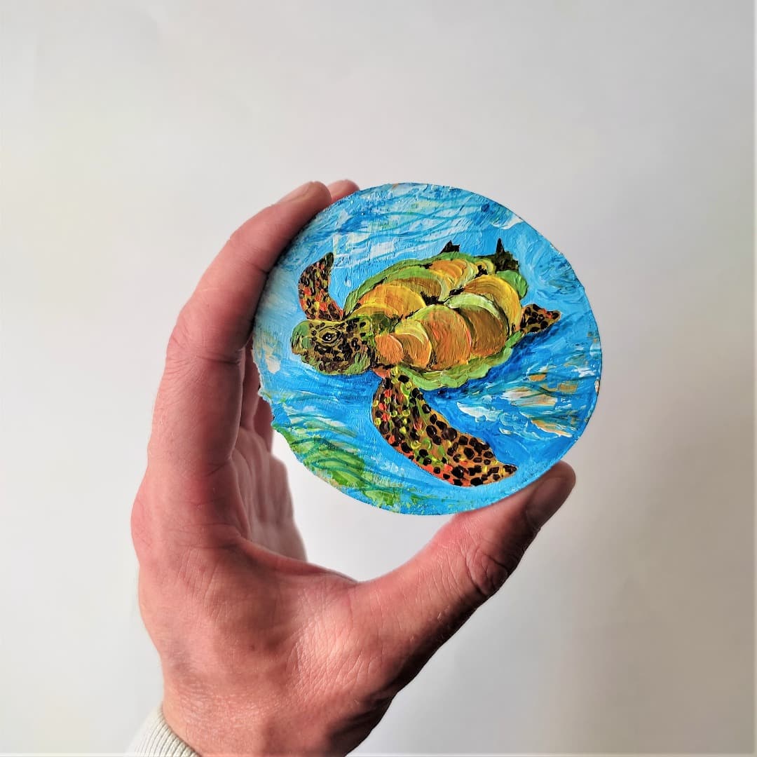 Small wall decor sea turtle painting on wood impasto art | Inspire Uplift