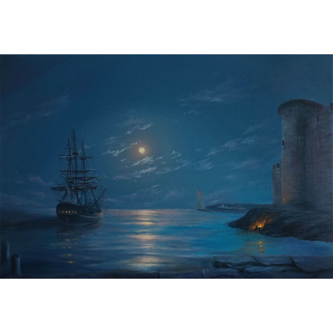 Moonlit night in the bay Original oil painting on canvas 15, | Inspire ...