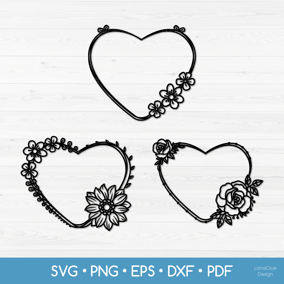 3 Floral Heart Shaped Frames SVG, Wedding Frames SVG PNG DXF | Inspire ...