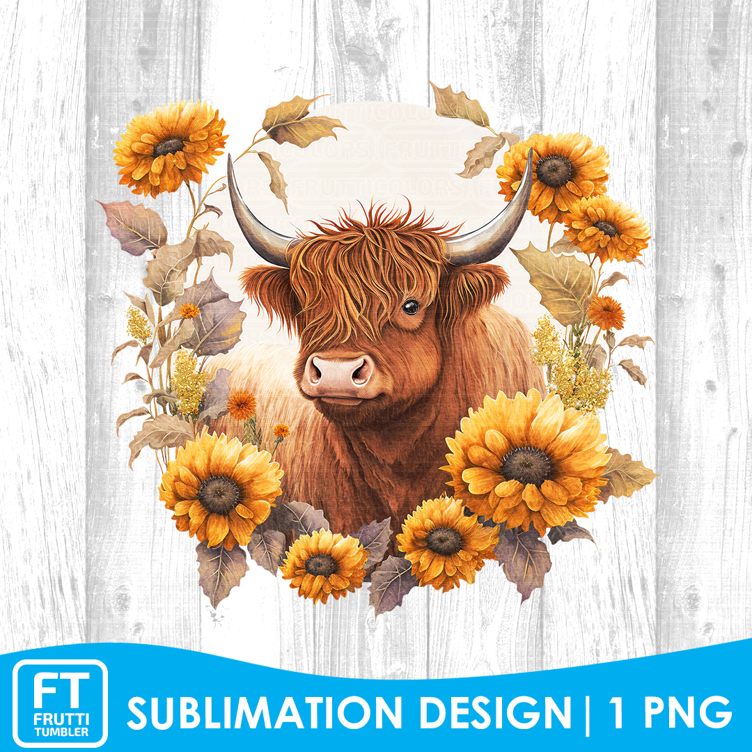 Highland Cow Sublimation Design - Watercolor Sunflowers PNG - Inspire ...