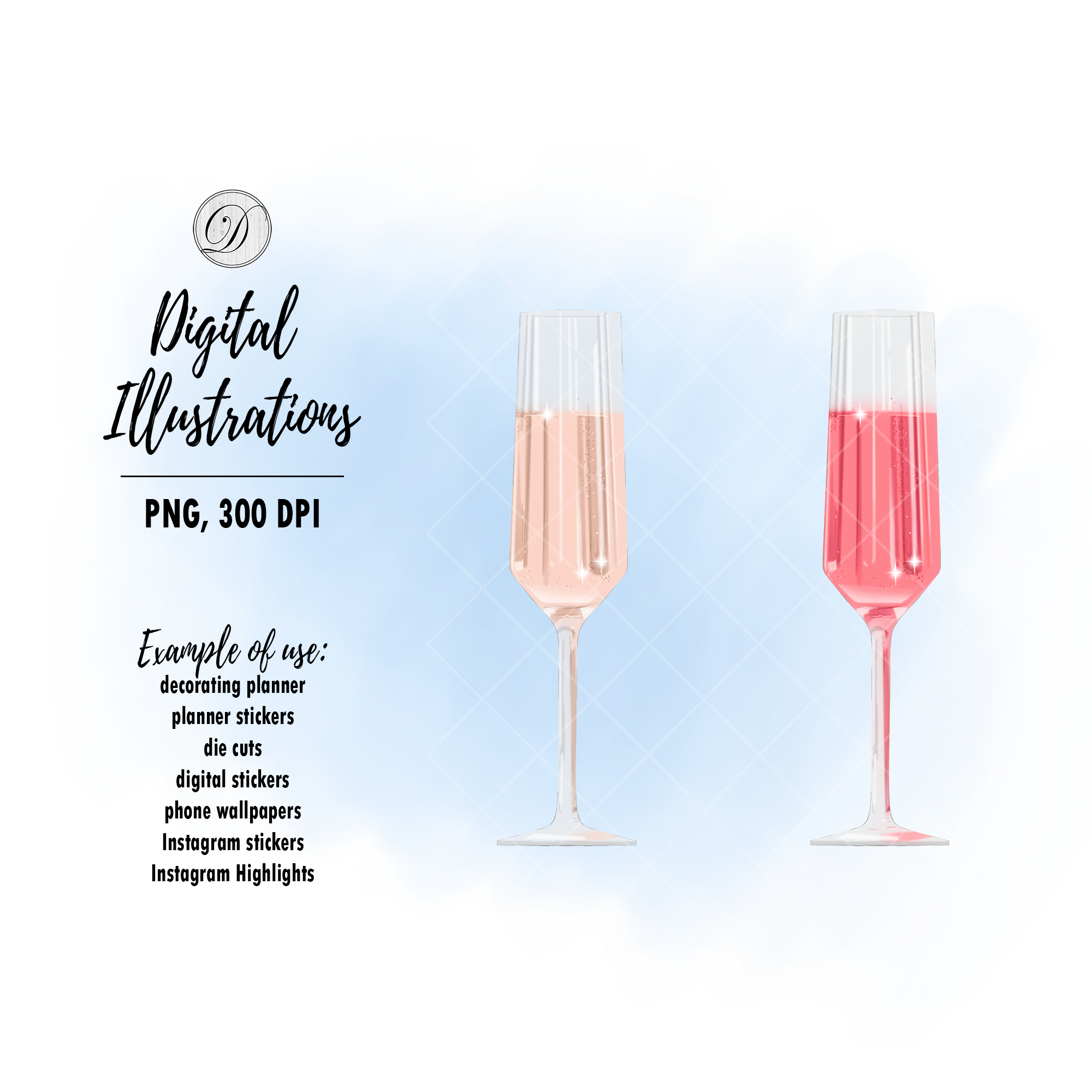 Wine glass digital illustrations, white and pink champagne c | Inspire ...