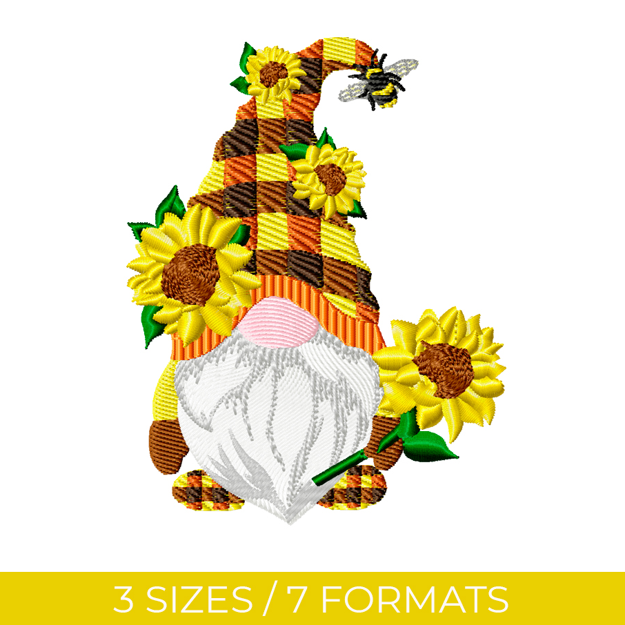 Sunflower gnome, Embroidery file, Pes embroidery designs, Gn | Inspire ...