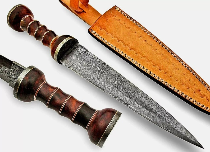 Damascus Steel Gladiator Sword with Leather Sheath, Japanese | Inspire ...