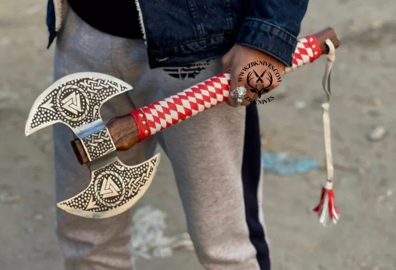 Double Axe with Red Leather Sheath, Valknut Viking Axe, Doub | Inspire ...