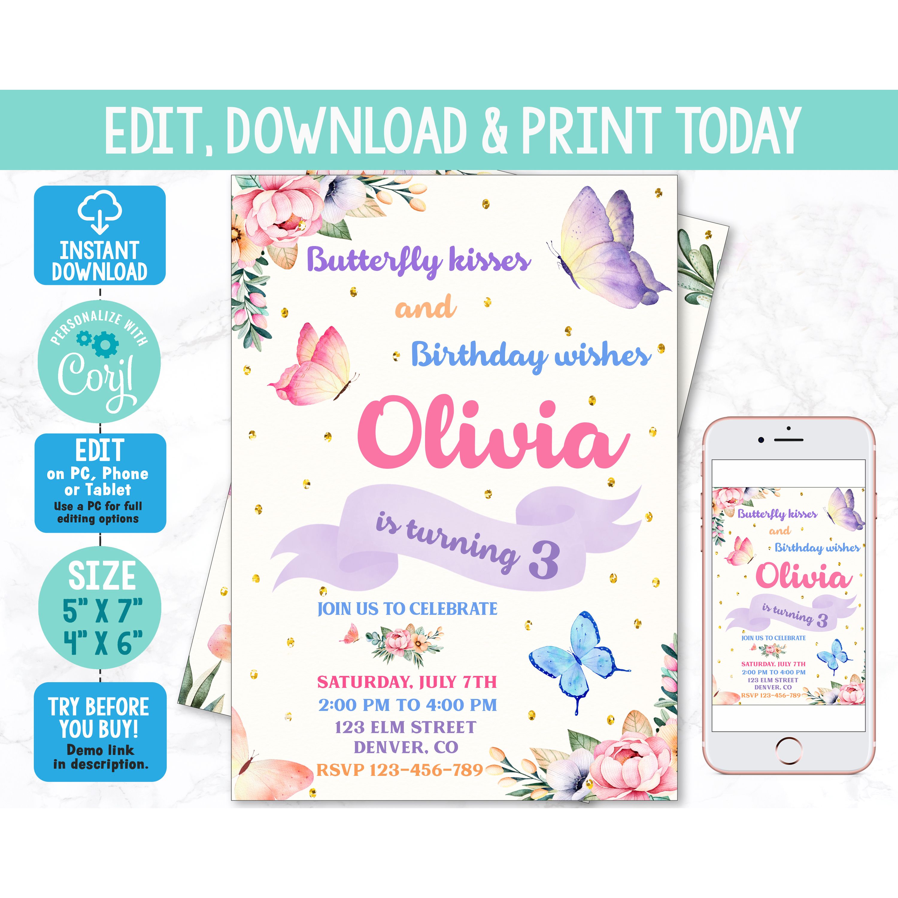 Editable butterfly birthday invitation Corjl template Girl | Inspire Uplift