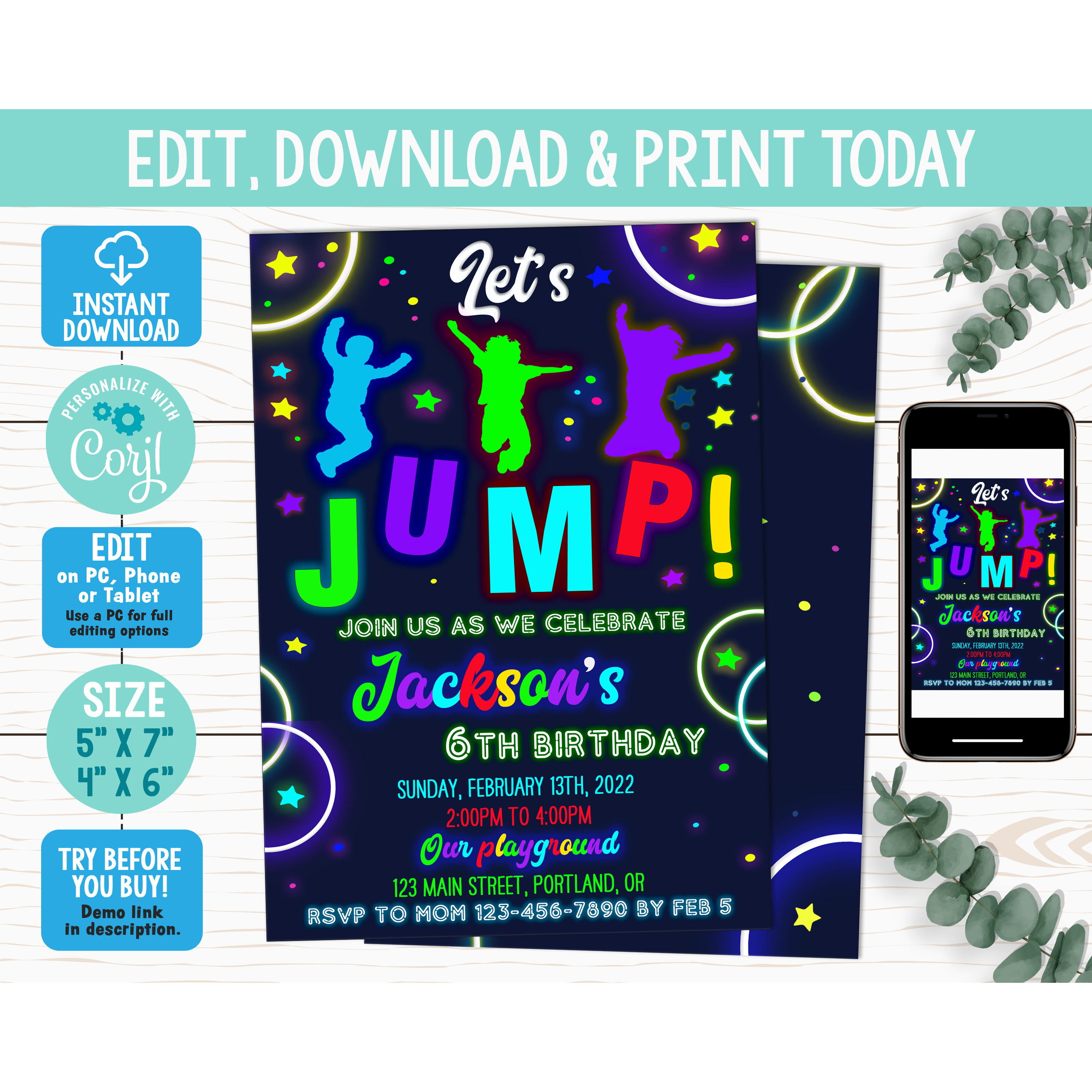 Editable jump birthday invitation Corjl template Boy jumping | Inspire ...