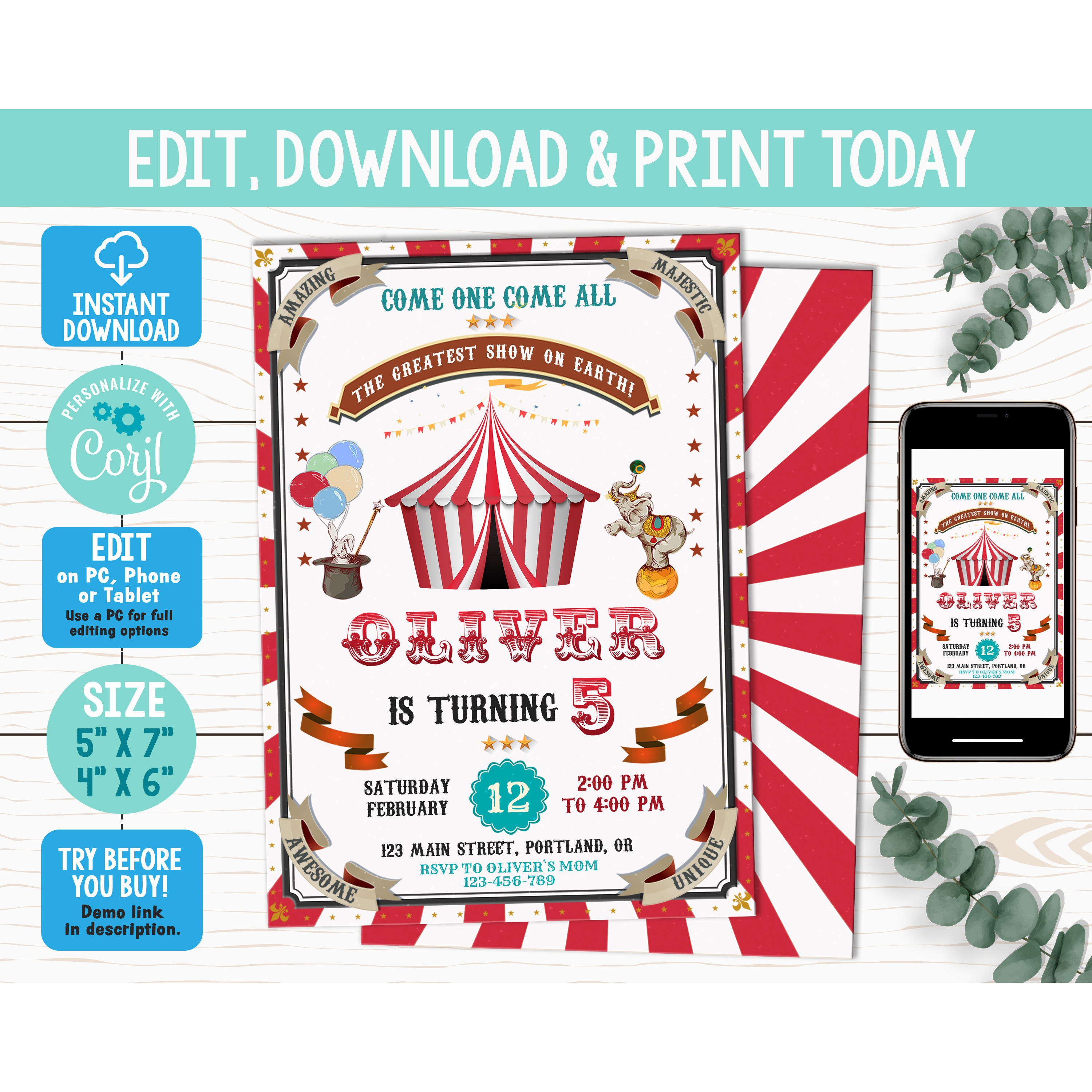 Editable vintage circus birthday invitation Corjl template | Inspire Uplift