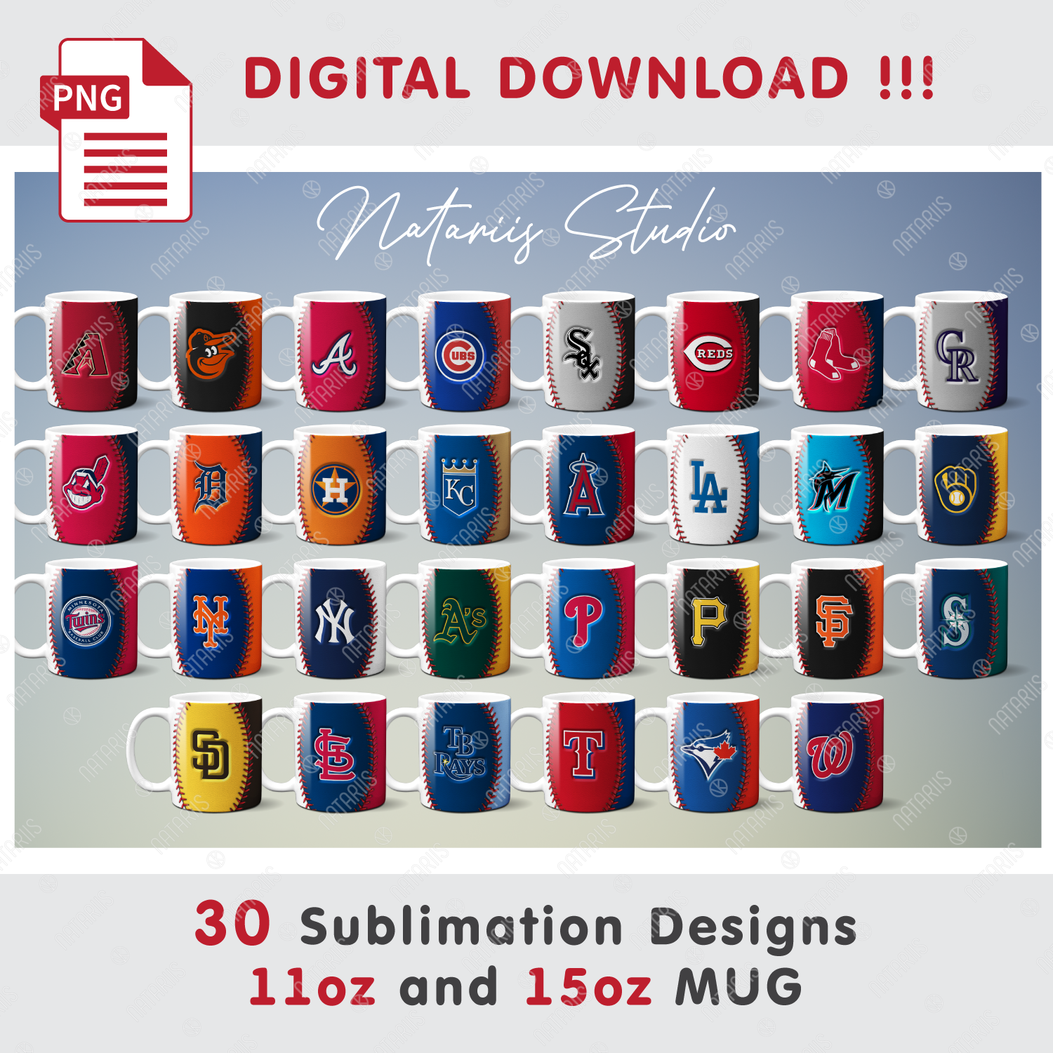 30 Baseball Teams Sublimation Template 11oz 15oz Mug - Inspire Uplift