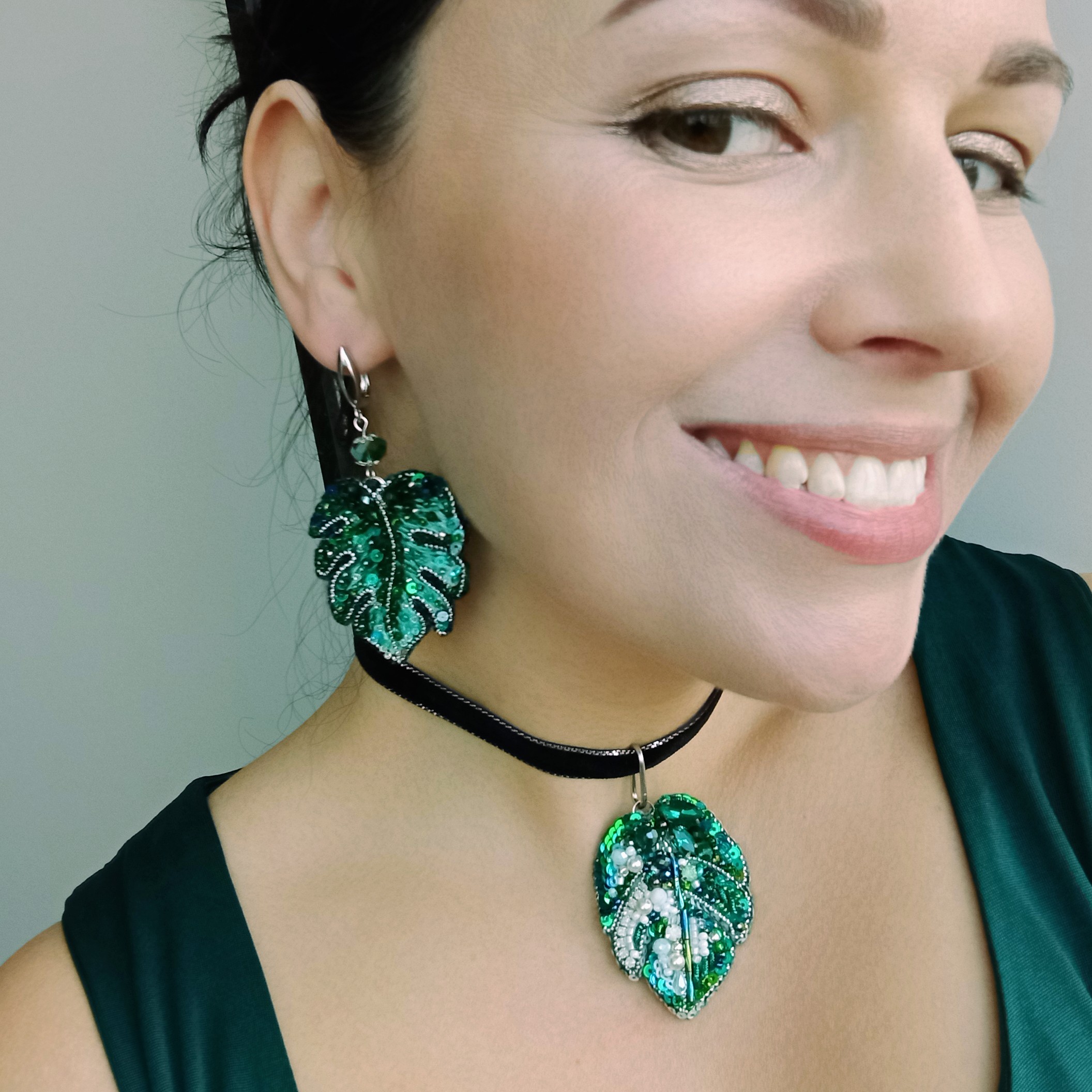 Handmade beaded emerald monstera leaf earrings | Inspire Uplift