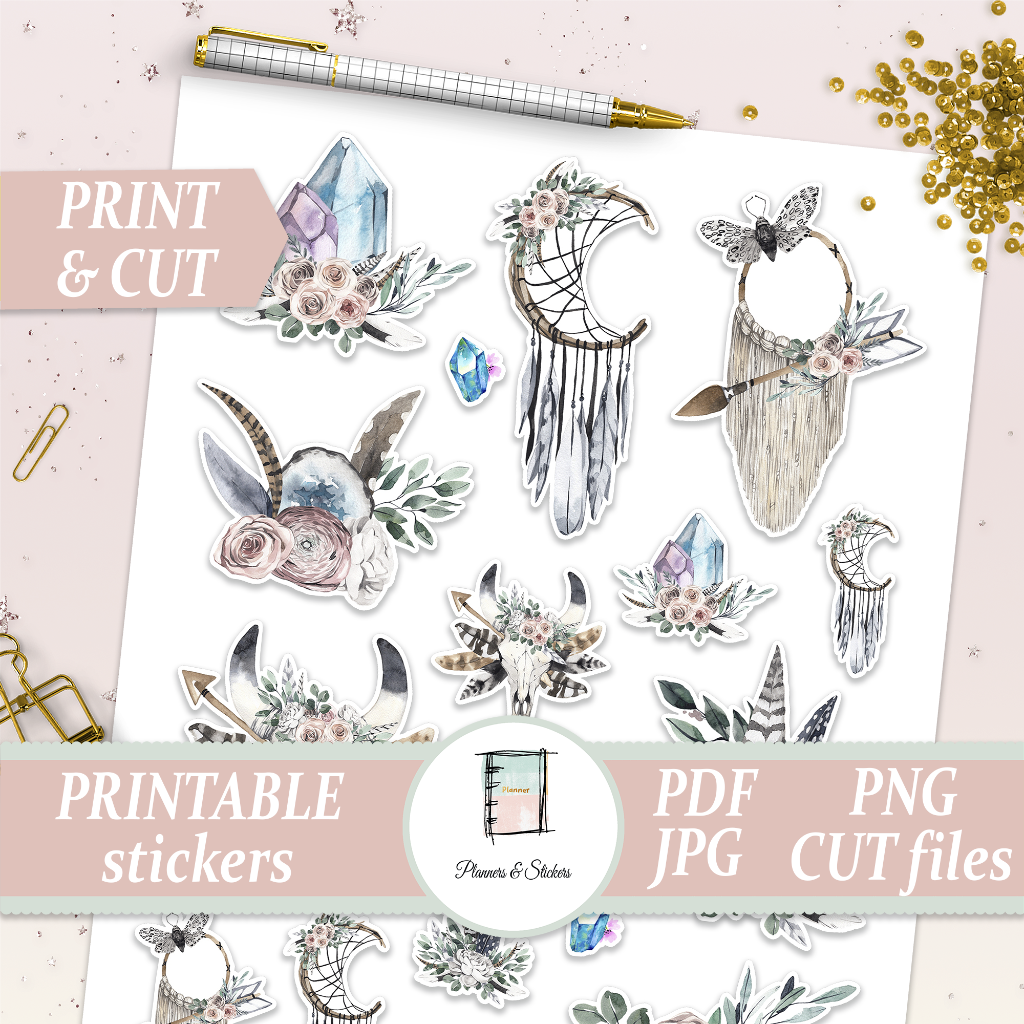 PRINTABLE STICKERS, Boho Floral Planner Stickers, Watercolor | Inspire ...