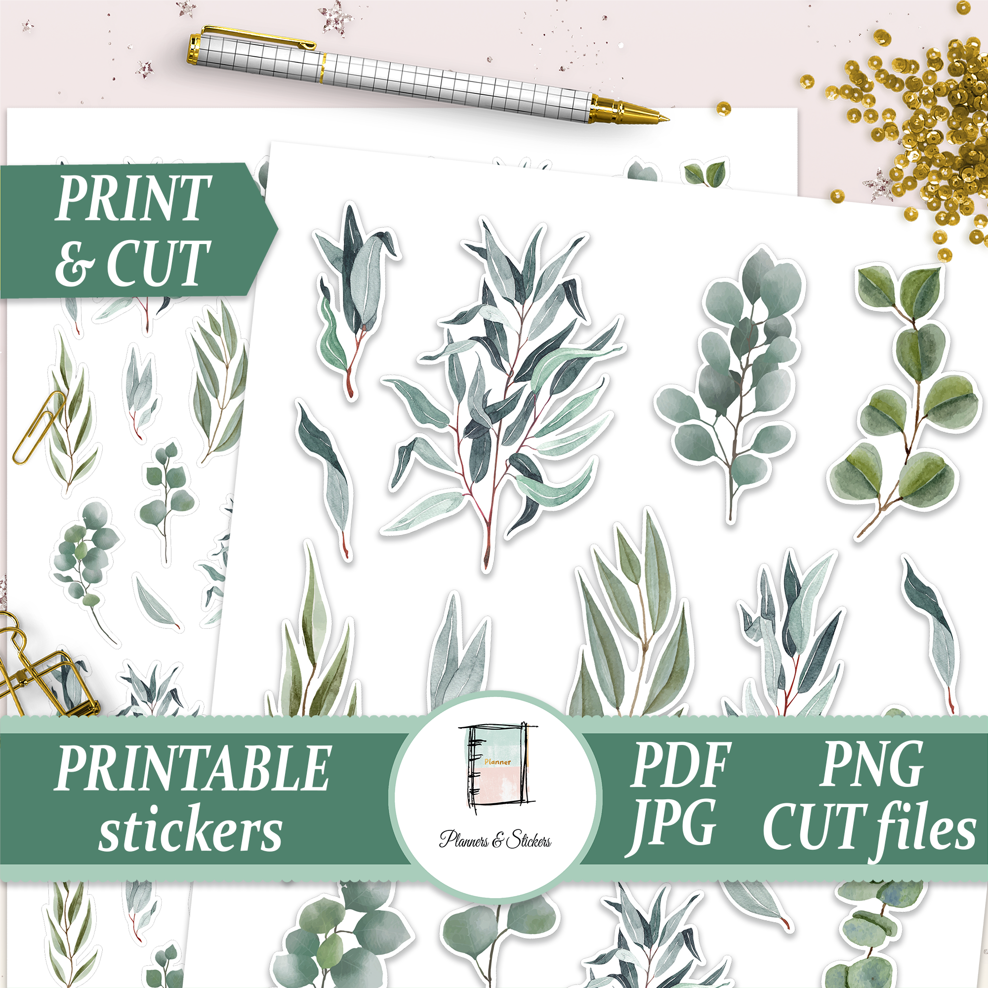 Watercolor Eucalyptus Stickers, Greenery Printables Die Cut | Inspire ...