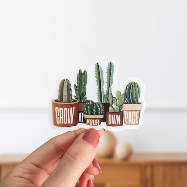 Clear Matte Cacti Sticker- Grow At Your Own Pace Quote Stick | Inspire ...