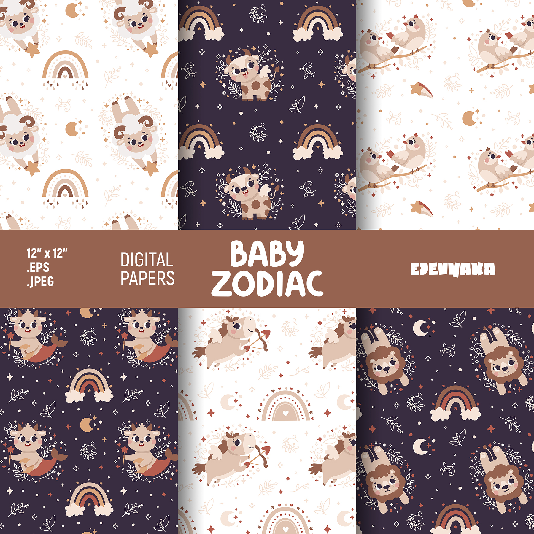 Baby Zodiac Sign Digital Paper, Zodiac Seamless Pattern - Inspire Uplift