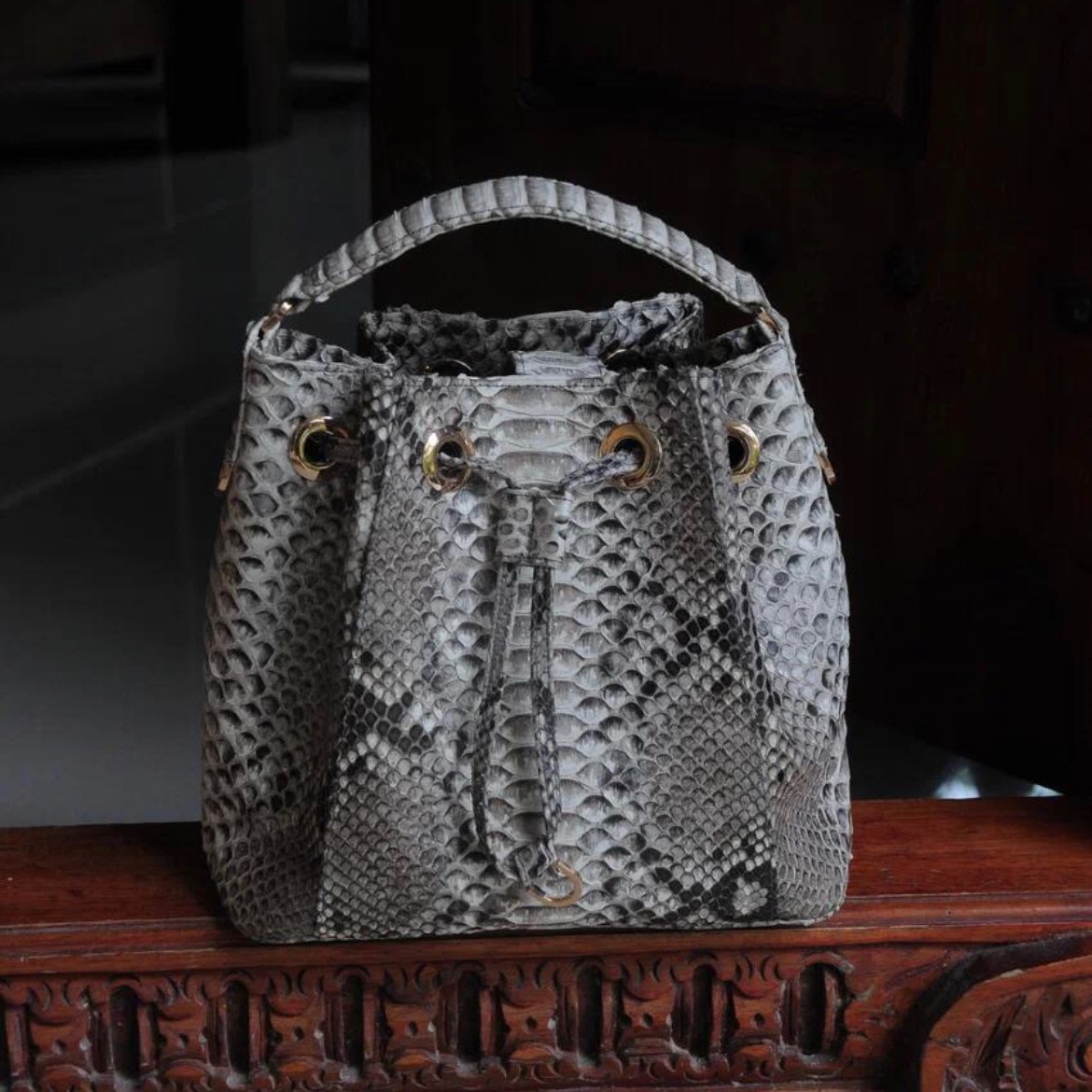 Genuine python skin grey bucket crosshandle bag | Inspire Uplift