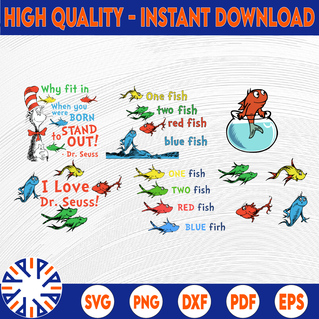 One fish two fish, blue fish red fish, Dr seuss svg, Dr seus - Inspire ...