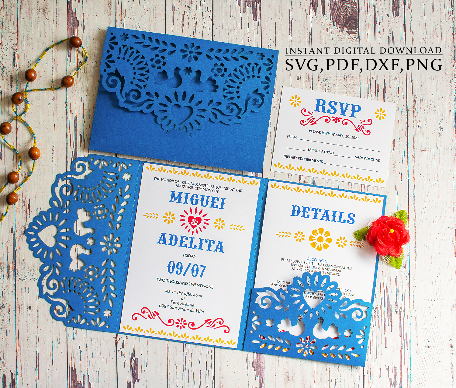 Mexican invitation template, Wedding trifold 5x7 svg pocket | Inspire ...