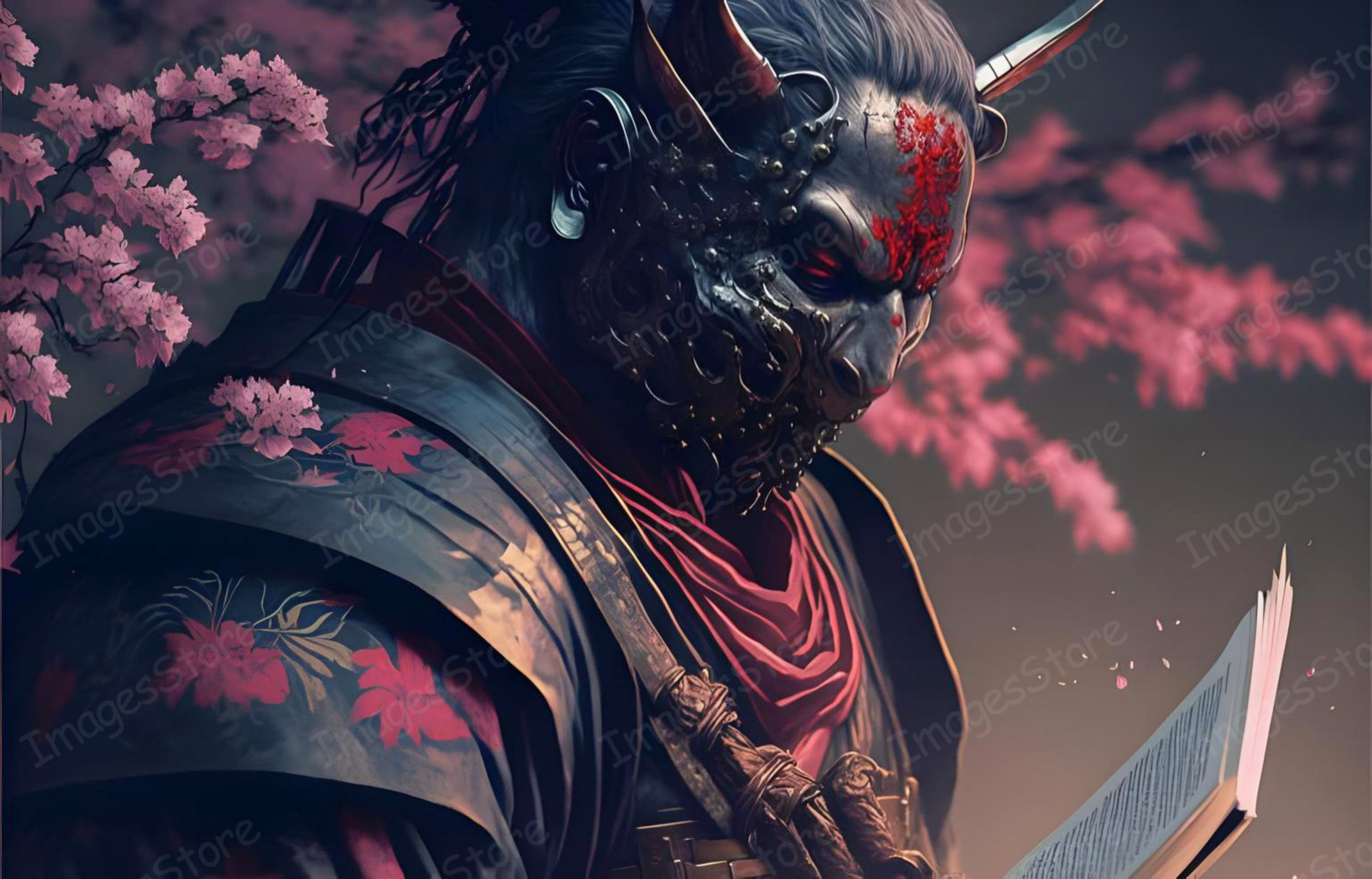 Artistic illustration,Samurai With a Book Wearing an Oni Dem | Inspire ...