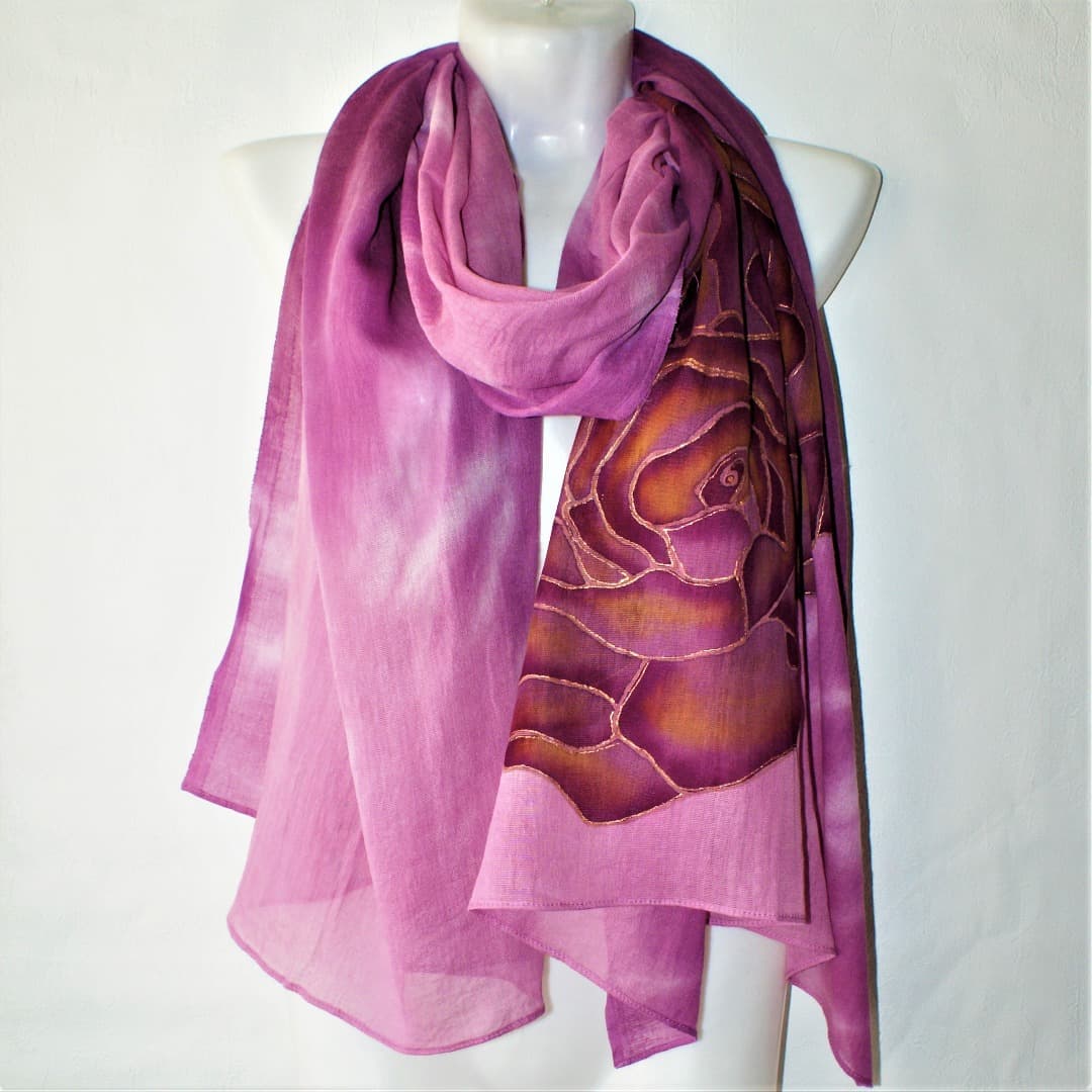 Hand Painted Floral Rose Scarf - Cotton Scarf in Purple | Inspire Uplift