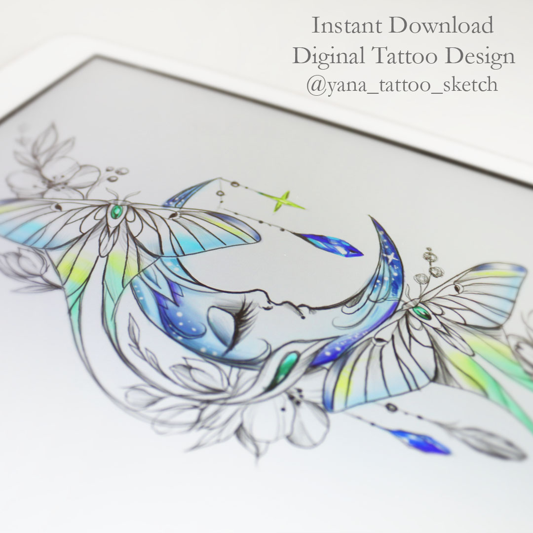Moon Tattoo Design Crescent Moon Tattoo Sketch Luna Moth Tat | Inspire ...