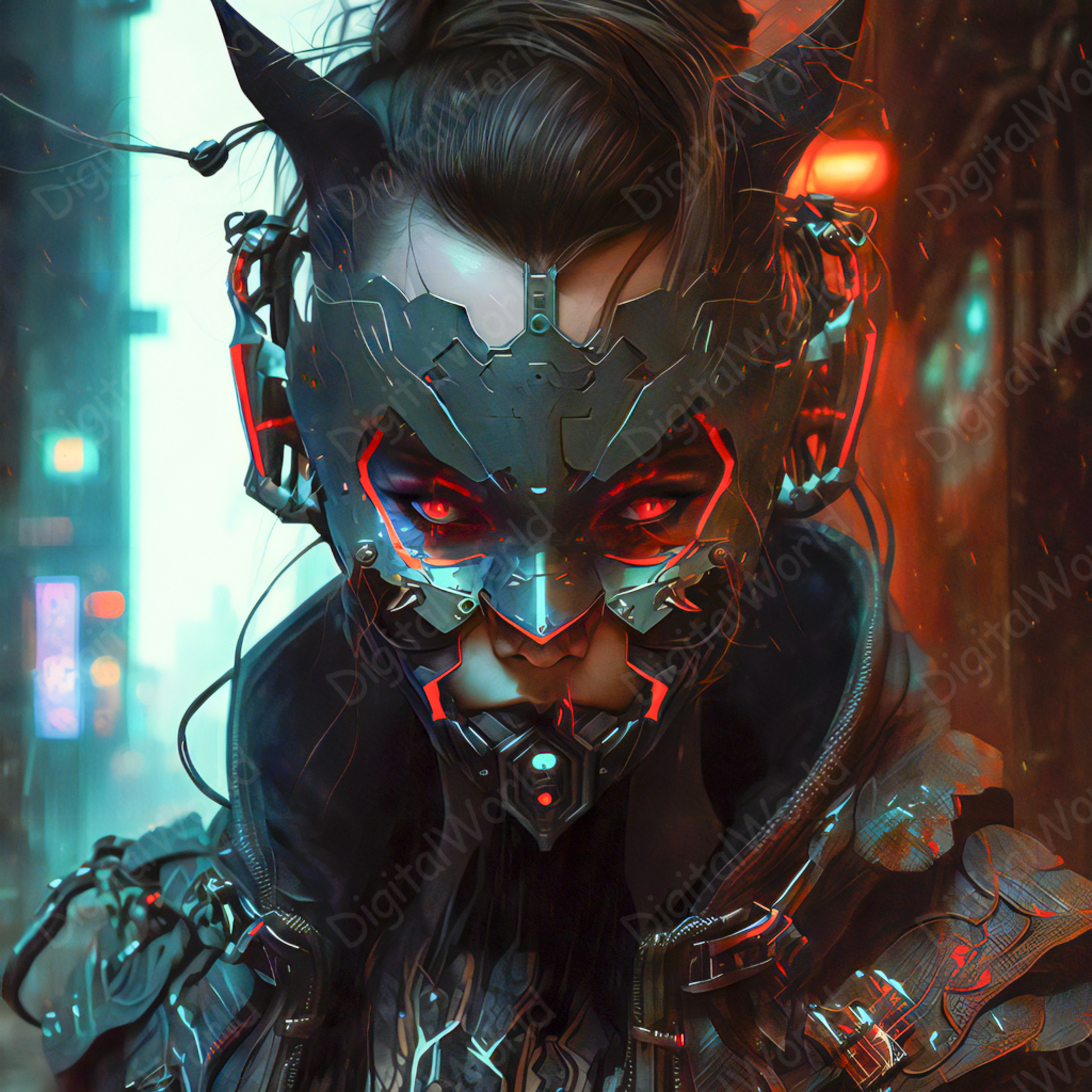 Art Illustration, Oni Mask Girl, Cyber Punk Style, With Red | Inspire ...
