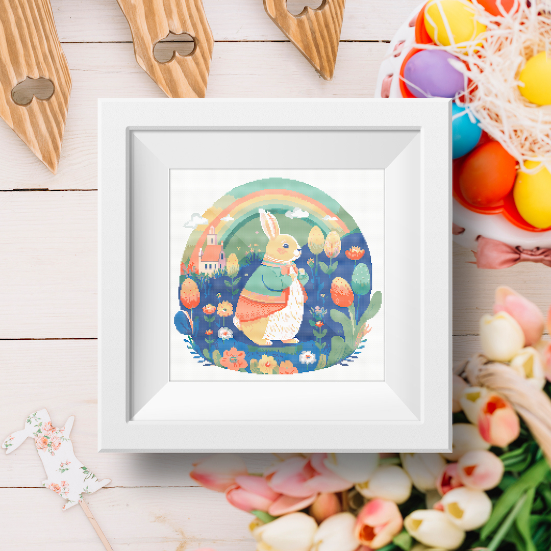 Rainbow Easter bunny cross stitch printable A4 PDF pattern | Inspire Uplift