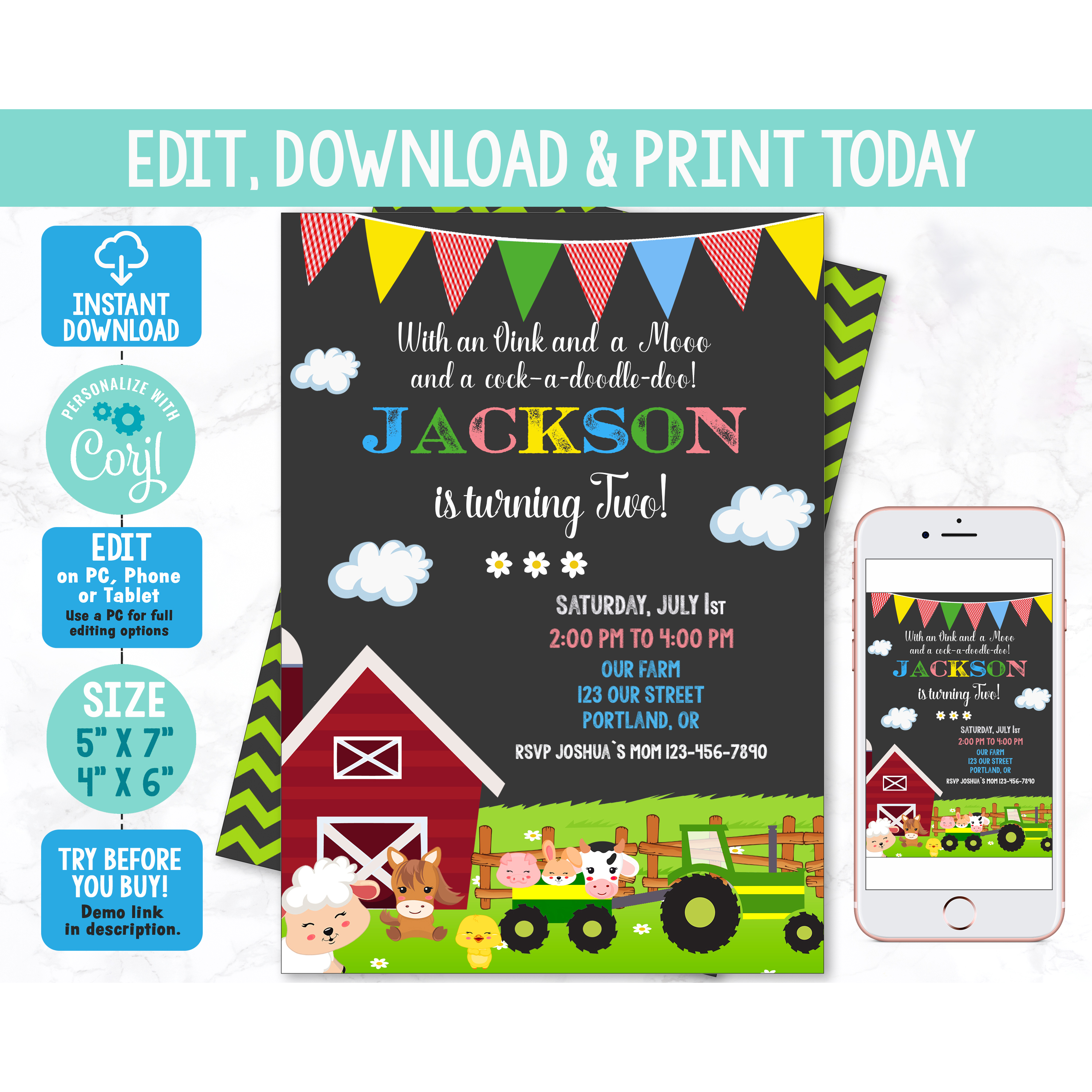 Editable farm birthday invitation Corjl template Boy farmer | Inspire ...