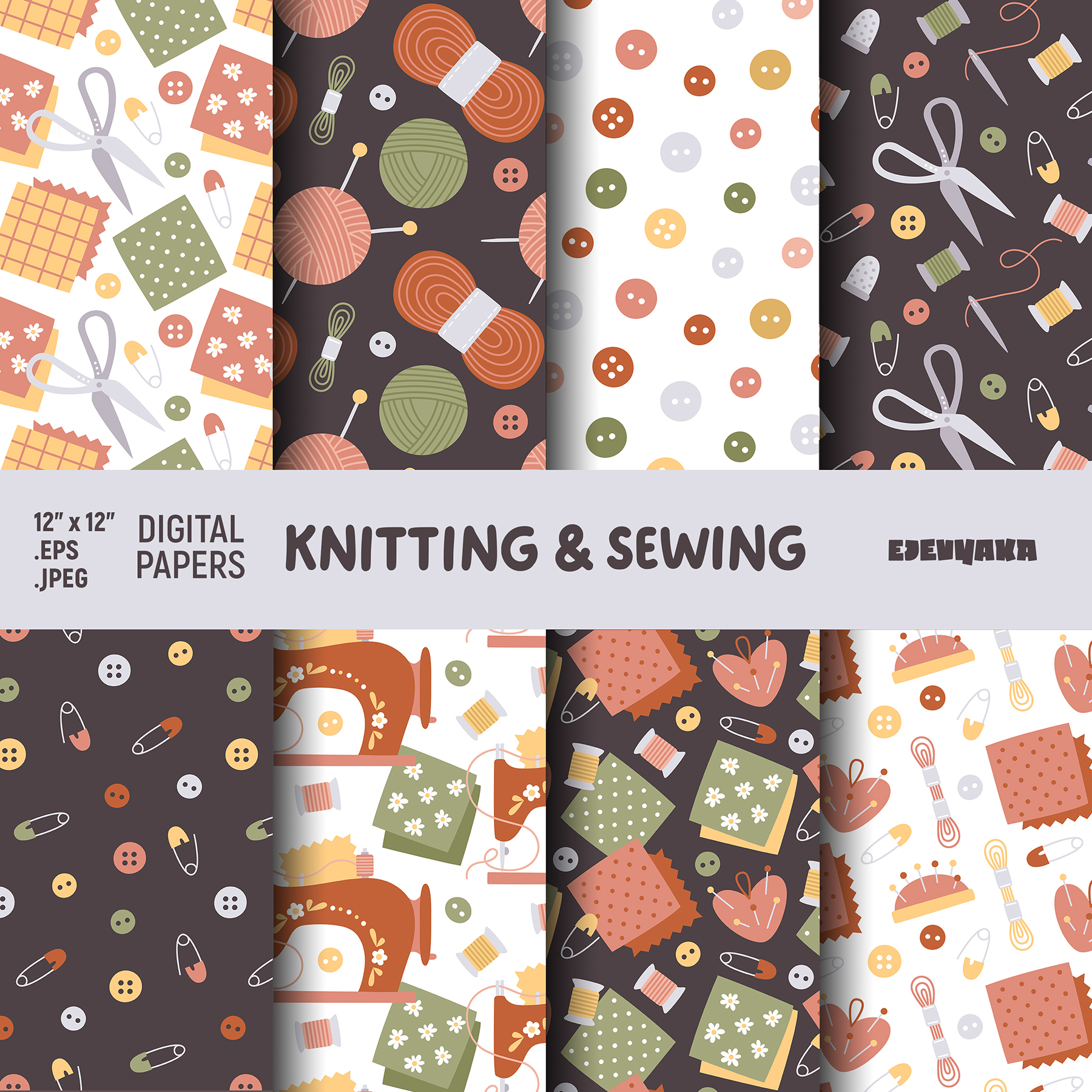 Knitting and Sewing Seamless Patterns, Sewing Digital Paper, | Inspire ...
